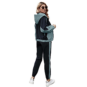 SweatyRocks Women's 2 Piece Outfits Long Sleeve Full Zip Jacket and Pants Tracksuit Set Green Black L