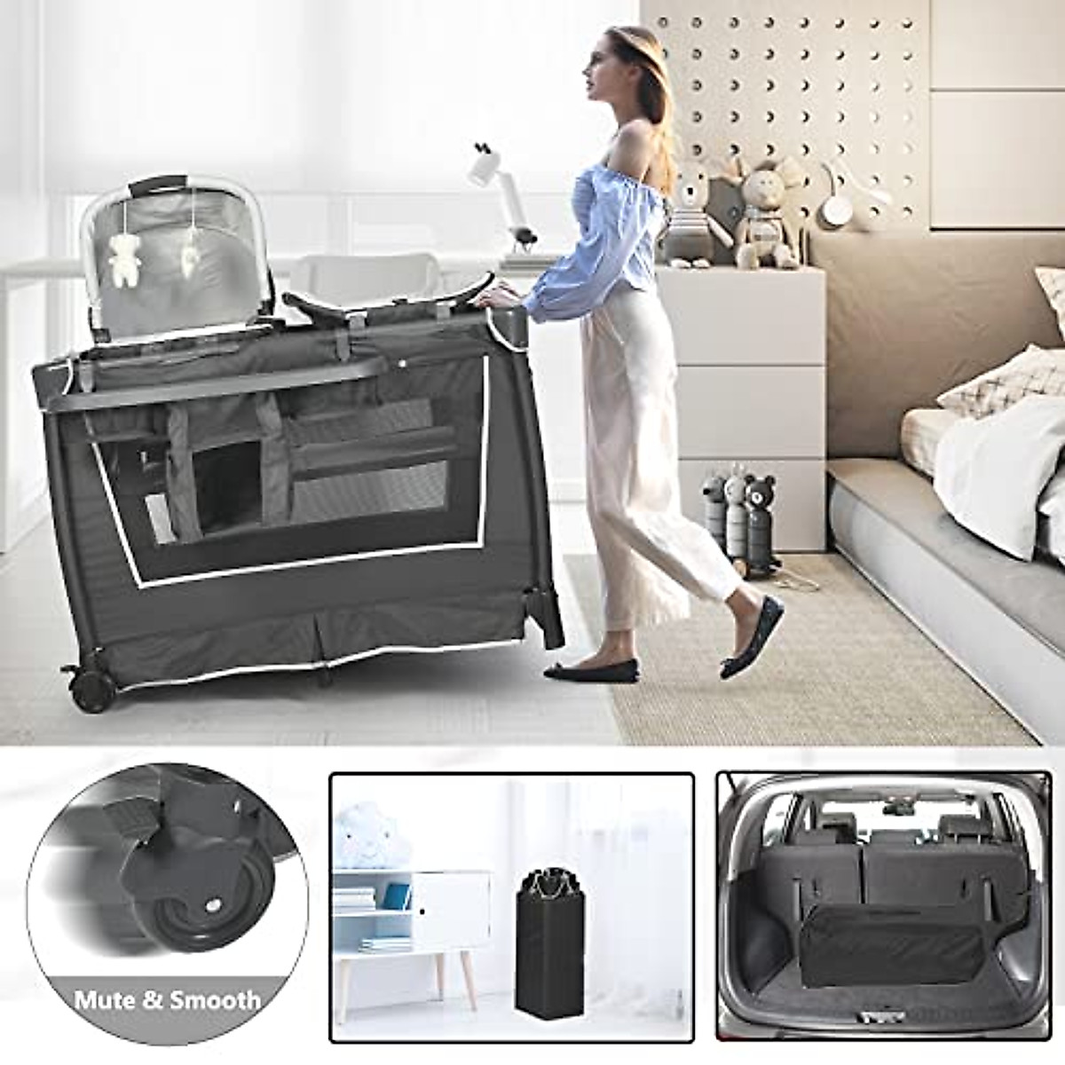 Kinder King 5 in 1 Portable Nursery Center, Foldable Playard for Baby & Toddler, Infant Pack n Play w/Bassinet, Mattress, Newborn Changing Table, Cradle, Travel Bag, Music Box, Storage Basket, Grey