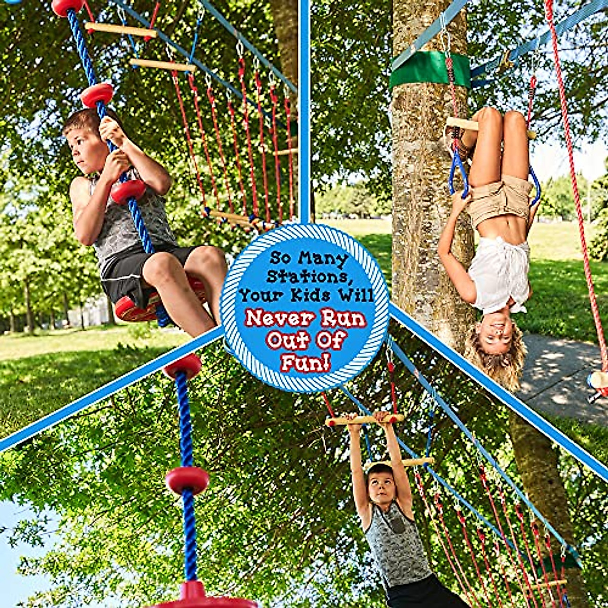 Ninja Slackline Obstacle Course for Kids - 80 Foot Line | Monkey Bars Playground Equipment | Ninja Warrior Course with Monkey Bars for Kids | (Rickety Bridge Edition) - Patented Double Line