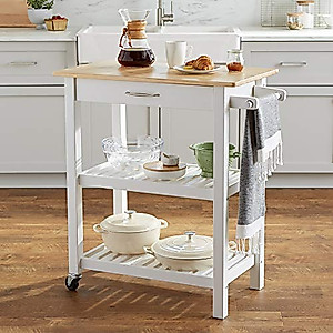 Amazon Basics Kitchen Island Cart with Storage, Solid Wood Top and Wheels, 35.4 x 18 x 36.5 inches, Natural / White