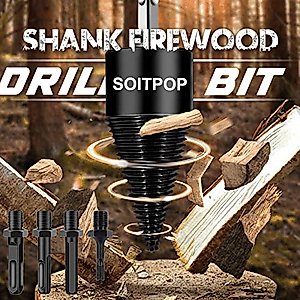 Firewood Drill Bit Wood Log Splitter,5 PCS Kindling Splitting Drills Wedge Tool Removable Logs Splitters Cone Wedges Electric Driver Bits Heavy Duty Hex+Square+Round+Small Hex Shank