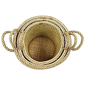 Deco 79 Seagrass Round Storage Basket with Handles, Set of 3 17", 15", 13"W, White