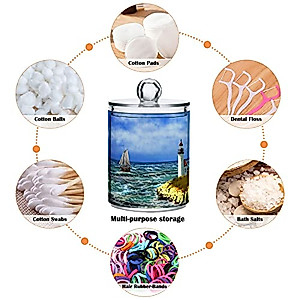 KEEPREAL Lighthouse Landscape Oil Paintings Qtip Holder Dispenser with Lids, 4PCS Plastic Food Storage Canisters, Apothecary Jar Containers for Vanity Organizer Storage