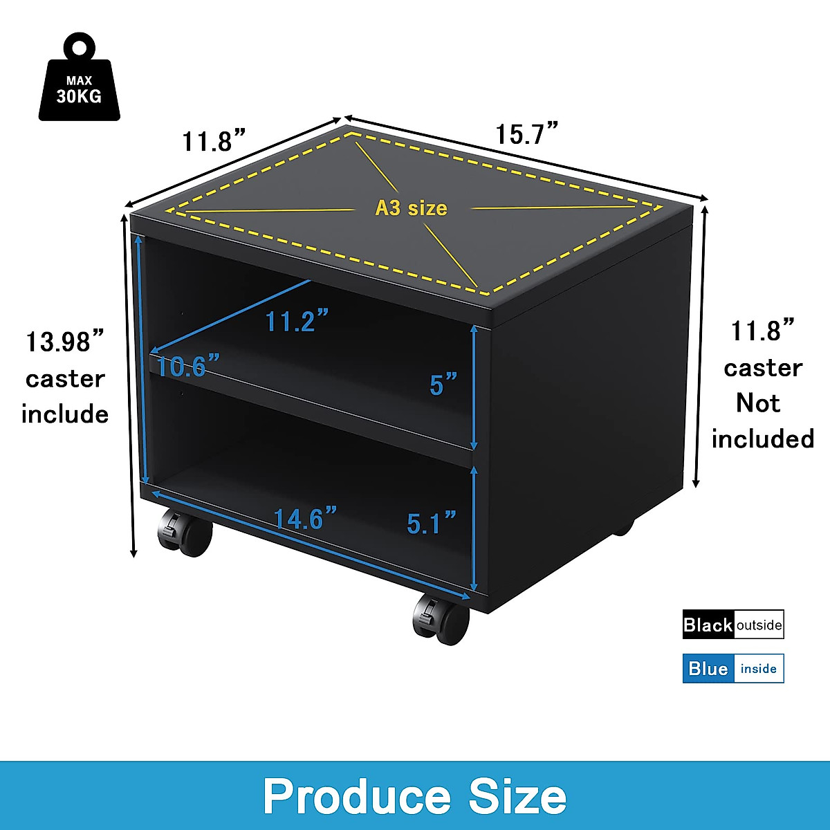 Deoxuefo Printer Stand with Storage - Wood Under Desk Printer Table with Wheels 15.7x11.8x14 Inch, 2 Tier Small Black Rolling Printer Cart for Home, Office, Scanner, Fax, Computer
