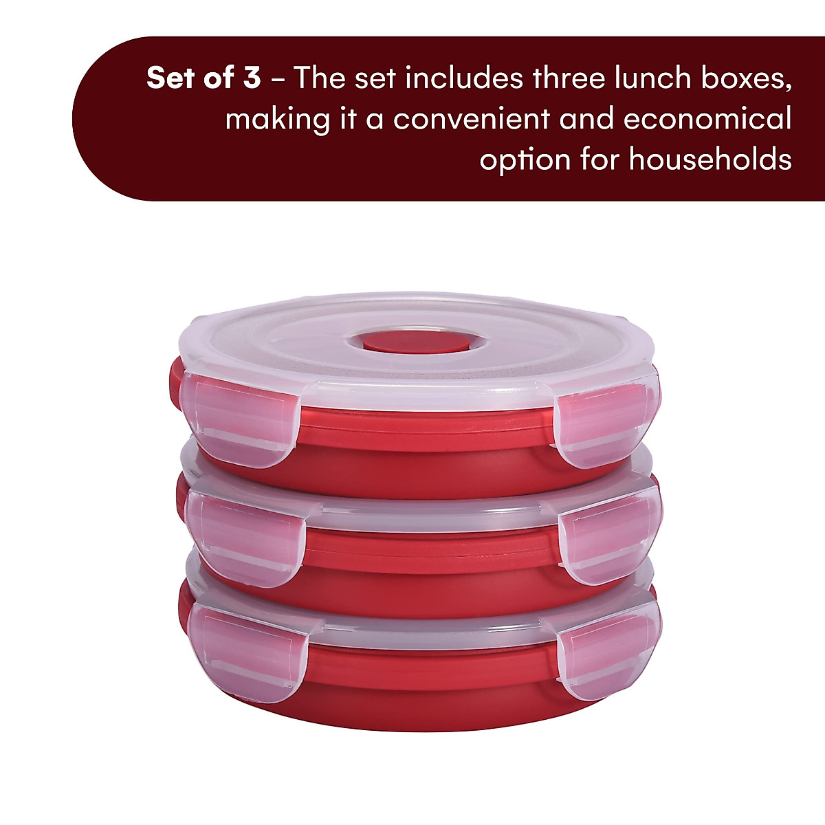 Vdomus Collapsible Food Storage Containers with Lids - Silicone Collapsible Bowl Sets with Airtight Lid - Round Silicone Food Containers Microwave, Freezer, and Dishwasher Safe - Set of 3, Red