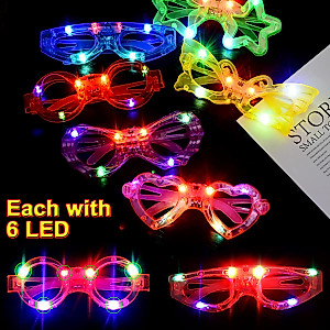 24 Packs LED Glasses for kids Glow in the dark Party Supplies Favor,6 LED 6 Shapes Glasses Flashing Plastic Light up Glass Toys Bulk 3 Replaceable Battery fit New Year Eve Party Supplies 2025 Holiday