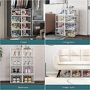WAYTRIM Clear Plastic Shoe Storage Boxes, Foldable 18 Pack Stackable Shoe Organizer for Closet, Drop Front Door Sturdy Sneaker Containers for Women’s Size 14 - Large