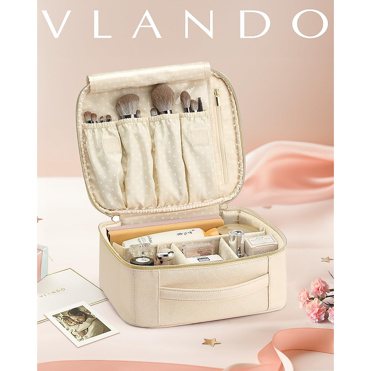 Vlando Travel Makeup Bag, Makeup Bag Organizer,Gift Ideas for Women Girls,Makeup Storgae Bag with Dividers and Handle,Gifts for Christmas,Birthday,Wedding Beige