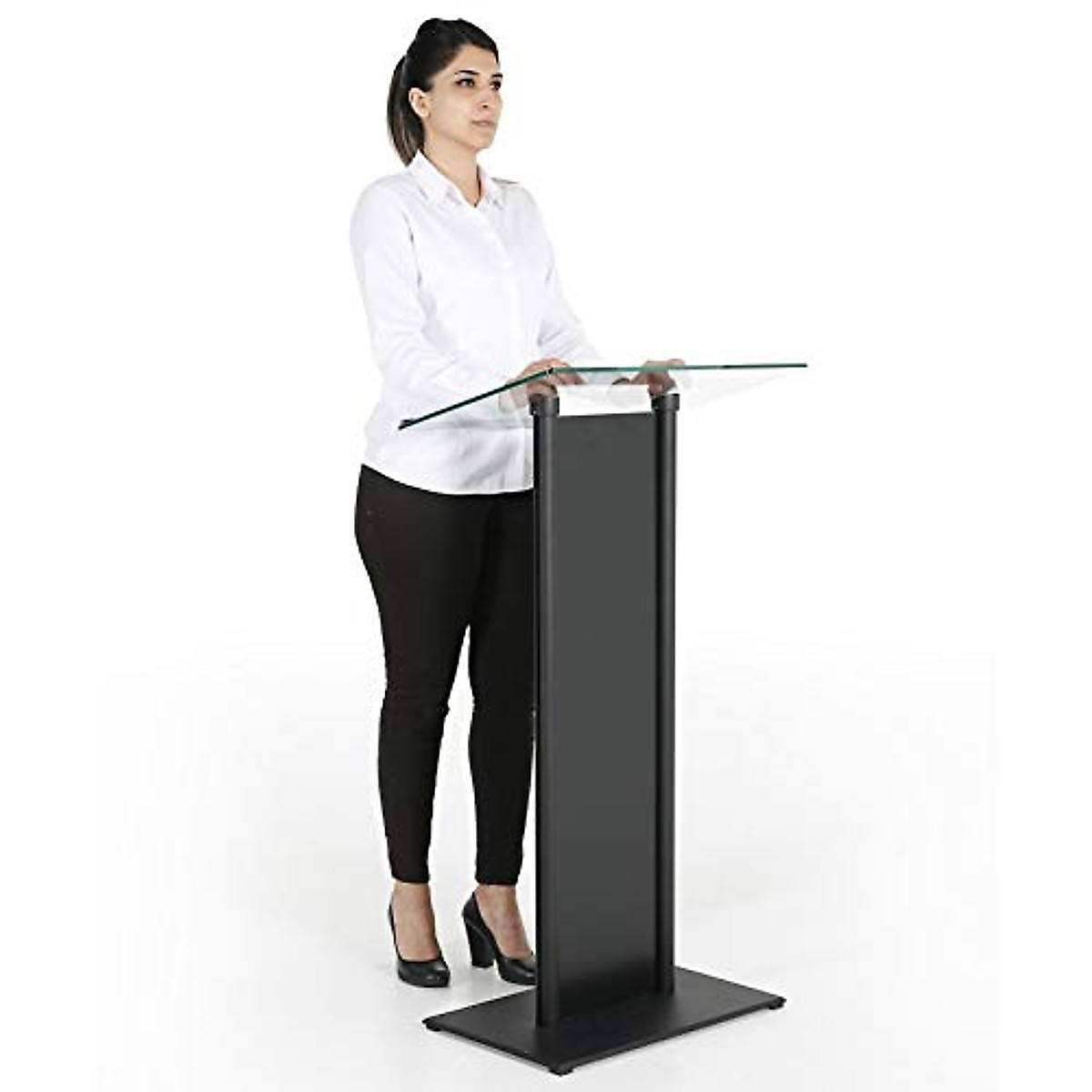 M&T Displays Tempered Clear Glass Podium with Aluminum Front Panel Black Aluminum Body and Base 43.9 Inch Height Floor Standing Lectern Pulpit Desk