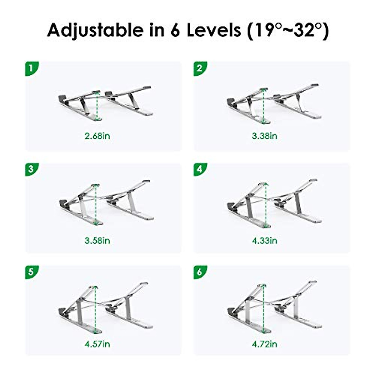 licheers Laptop Stand for Desk, Adjustable Ergonomic Portable Aluminum Laptop Holder, Foldable Computer Stand 7 Angles Anti-Slip Laptop Riser Compatible with 9-15.6 inch Laptops, Silver