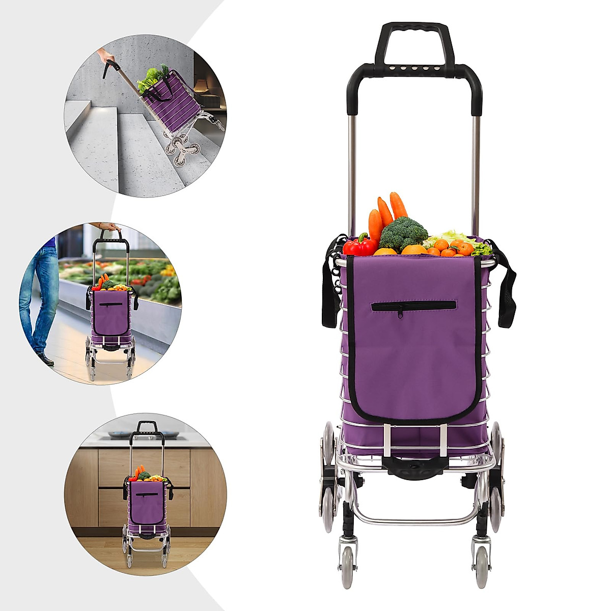 35L Folding Shopping Cart with Wheels Portable Stair Climbing Climber w/Oxford Cloth Bag for Luggage Laundry Camping Transport Shopping Purple