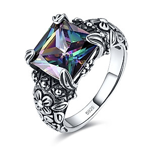 Merthus 10x10mm Princess Cut Simulated Mystic Rainbow Topaz Antique Design Black Oxidized Finish 925 Sterling Silver Floral Band Gemstone Ring for Women Size 7