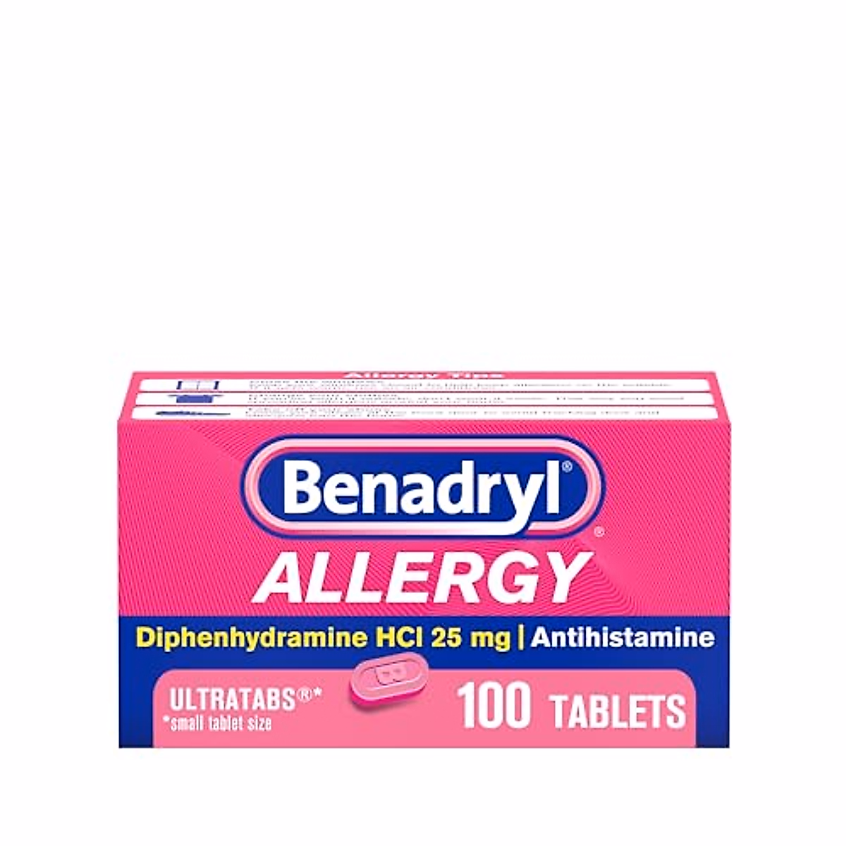 Benadryl Ultratabs Antihistamine Allergy Relief Medicine, Diphenhydramine HCl Tablets for Relief of Cold & Allergy Symptoms Such as Sneezing, Runny Nose, & Itchy Eyes & Throat, 100 ct
