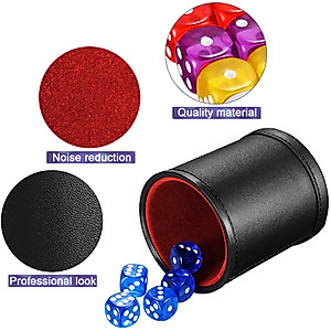 6 Pieces Dice Cup PU Leather Felt Lining Quiet Shaker with 30 Dices Compatible with Craps Backgammon Game (Black)