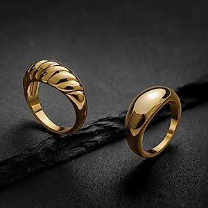 JINEAR 18k Gold Plated Croissant Braided Twisted Signet Chunky Dome Ring Stacking Star Band for Women and Men Statement Wedding Ring Minimalist Jewelry