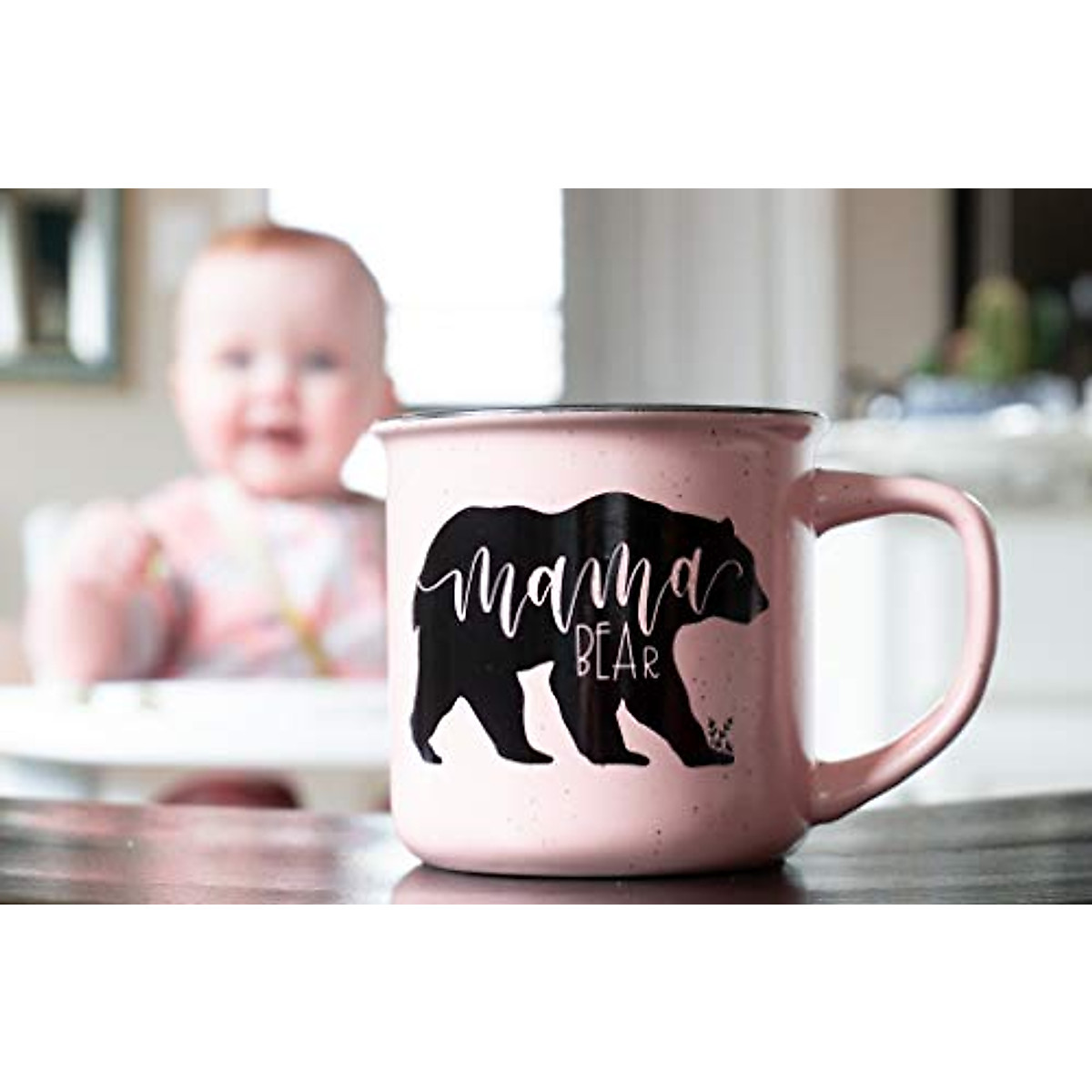 June & Lucy Gifts for Mom - Mama Bear Novelty Coffee Mug 15 oz - Cute Camping Coffee Mom Mugs for Women - Pink Coffee Mug - Hand lettered with Black Lettering - Microwave and Dishwasher Safe.