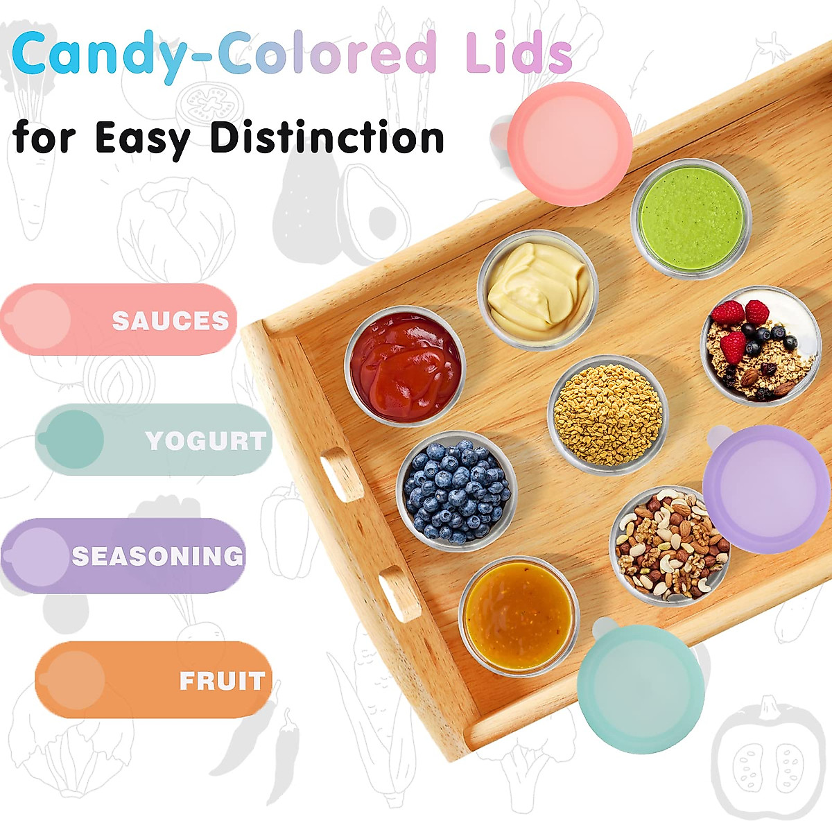 GUMBALL 6 Pack Salad Dressing Container To Go, 1.6oz Stainless Steel Sauce Containers Condiment Cups with 8 Silicone Lids for Lunch Bento Box, Leakproof, Easy to Open - 1 Extra Deep Clean Brush