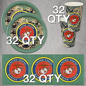 Havercamp U.S. Marines Party for 32 Guests! Includes 32 ea. 10” Plates & Luncheon Napkins & Lg. Cups with Licensed Marines Camo & Coat of Arms. Retirement, Birthday or Official Events