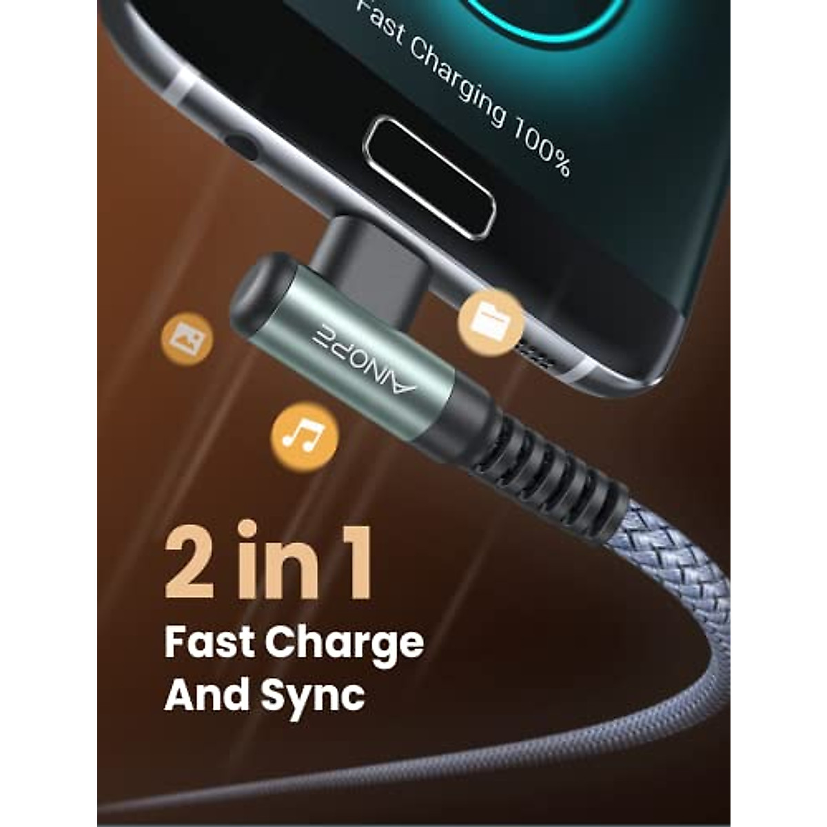 AINOPE [2 Pack] Micro USB Cable 6.6FT, Micro USB Charging Cable Right Angle, Durable Nylon Braided USB to Micro USB Cable Compatible with Samsung Galaxy S6,J7 Edge Note 5,fire Tablet,Kindle