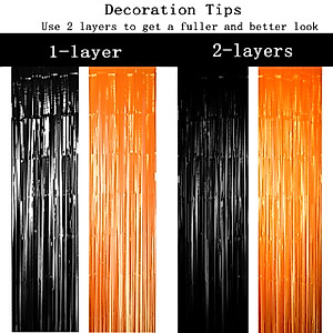 Black Orange Party Tinsel Foil Fringe Curtains - Halloween Construction 1st Birthday Baby Shower Graduation Wedding Party Streamers Photo Booth Props Backdrops Decorations