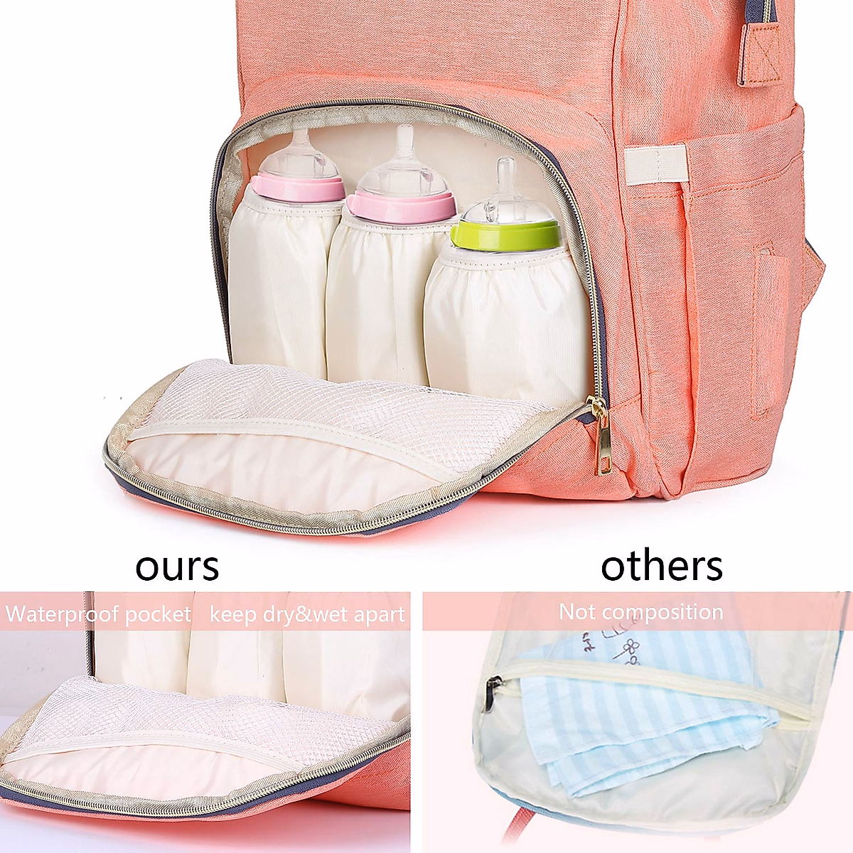 Diaper Bag Multi-Function Waterproof Travel Backpack Nappy Bags Large Capacity Stylish and Durable for Baby Care. (Orange Pink)