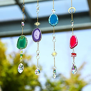 4pcs Natural Agate Slice Suncatchers AB Coating Crystal Prisms Wind Chimes Ornaments Rainbow Maker Hanging Pendant for Window Home Garden Decor