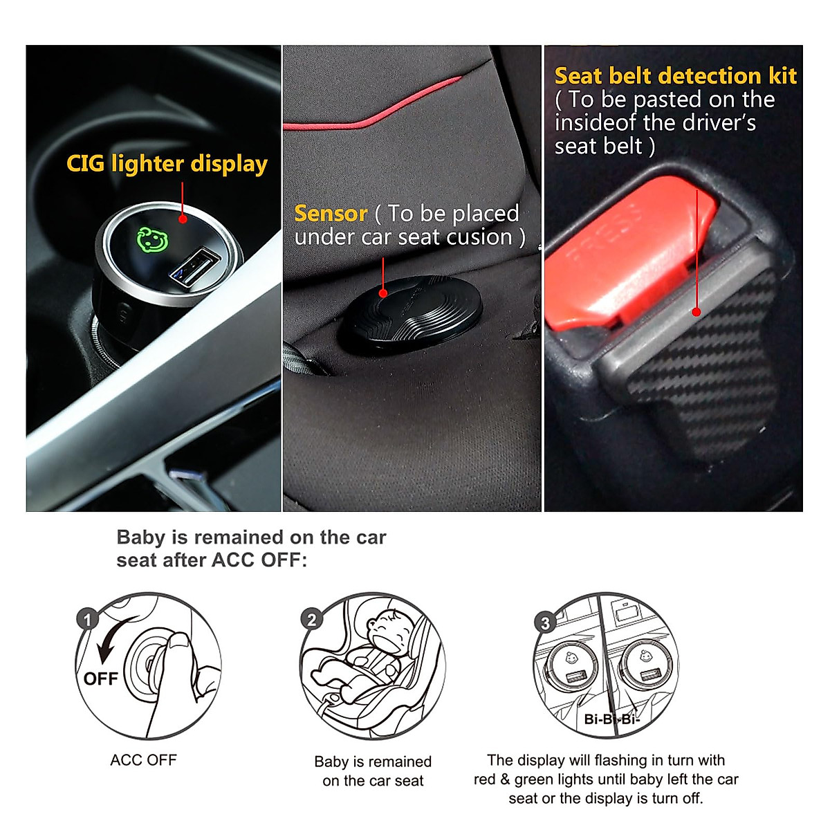 STEELMATE 1U Automotive Baby Car Seat Alarm System Reminder, Backseat Baby in Car Reminder Warning w/Light & Sounds Remind When Power Off/Unbuckle, Easy Installation