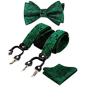Alizeal Paisley Suspenders and Self Tied Bow Tie for Men with Pocket Square Set, Dark Green