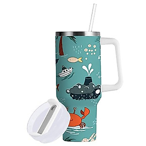 Burbuja Cute Marine Animals 40oz Insulated Tumblers with Handle and Straw Lid, Double Wall Stainless Steel Travel Mug Leak-Proof, BPA Free, Gift for Mom Dad