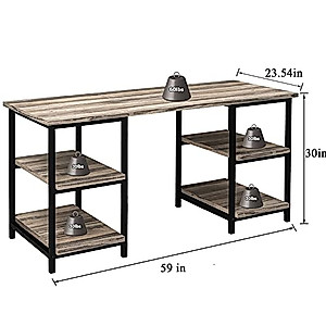 GOOD & GRACIOUS Computer Desk, Home Office Desk with 4 Storage Shelves on Left & Right Modern Simple Style 59" Long Large Study Table, Rustic Wood Desk
