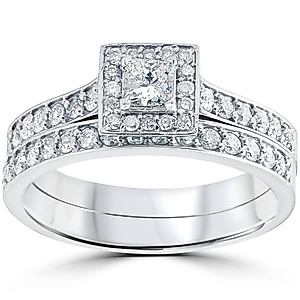 3/4 cttw Princess Cut Diamond Halo Engagement Wedding Ring Set 10K White Gold - Size 10