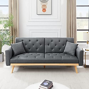 AWQM Convertible Sofa Bed, Fabric Linen Folding Futon Sofa Bed,Upholstered Loveseat Futon Couch Bed,Adjustable Couch Sleeper w/Wood Legs,Pull Out Couch for Small Space, Living Room,Office,Dark Grey