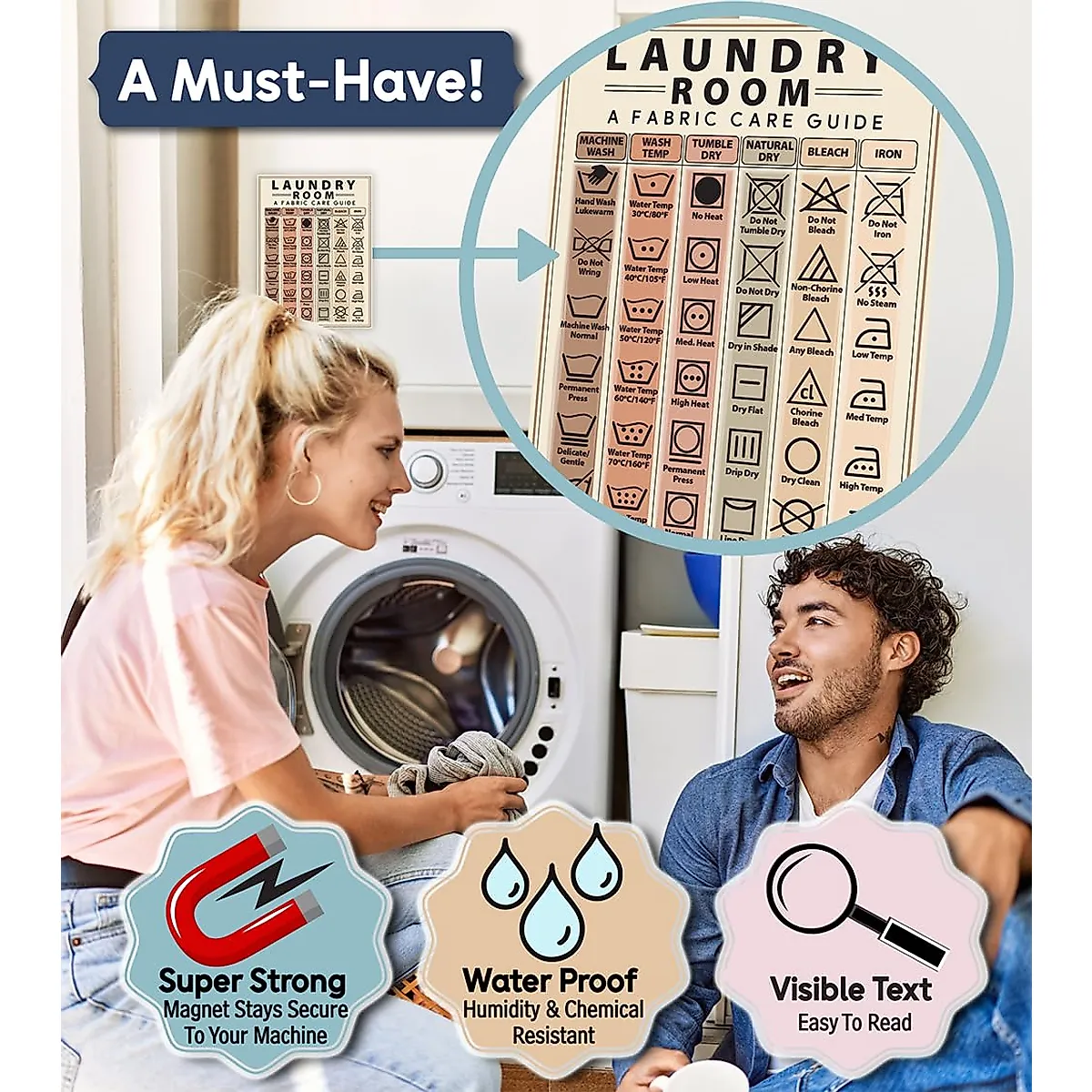 Laundry Symbols Guide Magnet - Laundry Magnets for Washing Machine - 6"x8" Helpful Laundry Magnets for Washing Machine, Laundry Guide Magnet for Home, Washing Machine Magnet Laundry Symbols Wall Art