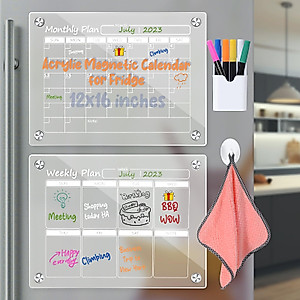 Bilibunny Acrylic Magnetic Calendar for Fridge, 2 Pack Clear Magnetic Monthly and Weekly for Fridge Planner White Board, 12"x16" 2023-2024 Reusable Dry Erase Board Set with 6 Markers 6 Colors