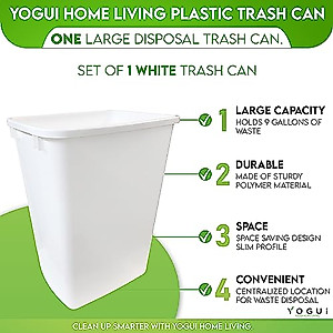 Yogui Home Living Plastic Trash Can - 35-Quart (9-Gallon) - Indoor Garbage Bin for Kitchen, Home, Office and Commercial Use - Large Waste Disposal Tub, Plastic Waste Container- White.