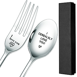 2 Pcs I Love You Engraved Spoon and Fork Set Valentine's Gifts for Boyfriend Girlfriend Couples I Love You Funny Fork Stainless Steel I Cerealsly Love You Cereal Spoon in Gift Box