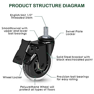 8T8 3 Inch Rubber Caster Wheels Heavy Duty with Brakes, 1/2''-13 x 1" Threaded Stem Casters Set of 4 (Screw Diameter 1/2", Length 1"), Quiet and Smooth Rolling Castors for Furniture Hardwood Floors