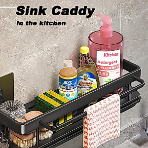 SXRYHHTD 4 in 1 Space Aluminum Adhesive Sponge Holder, Kitchen Sink Caddy Organizer Dish Brush Cloth Holder Rack, 2 Hooks + Dish Cloth Rod + Big Capacity Rack + Removable Drain Tray - Black