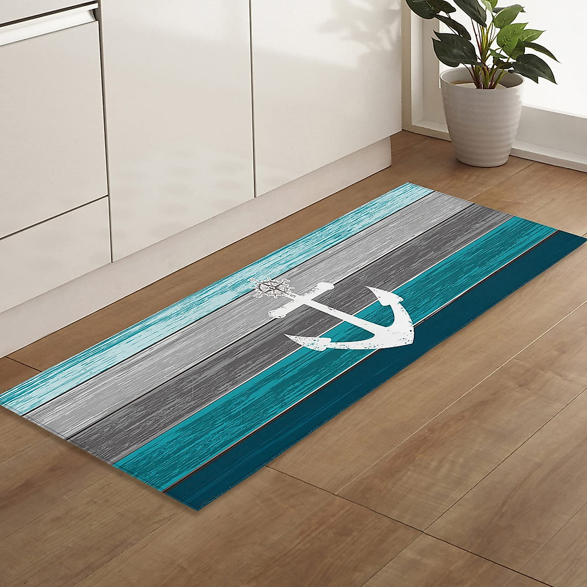 Kitchen Runner Rug, Farm Nautical Anchor Compass Rustic Old Wooden Plank Teal Green Gray Non Slip Runner Carpet Door Mats Floor Mat for Laundry Bedside Bathroom Bedroom 15.7"X47.2"
