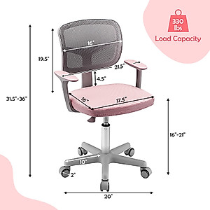 GLACER Kids Desk Chair with Arms, 330 LBS Adjustable Mesh Study Chair with Wheels for Girls Boys, Swivel Computer Task Chair with Lumbar Support, Teen Office Chair for Home, School, Bedroom (Pink)