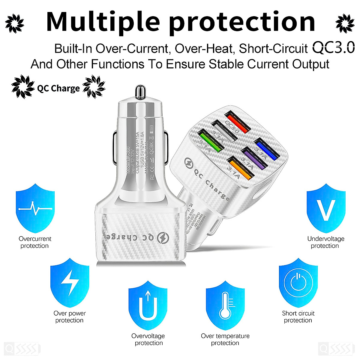 Amiss Car Charger Adapter, 6 USB Multi Port, Fast Charger, Include QC 3.0 and 5 Other Ports, Car Interior Accessories, Fit for iPhone 13/12/11/pro, Samsung Galaxy/Note S10/S9/S8 - White（2PCS）