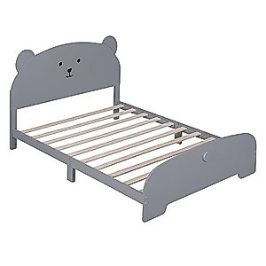 Quarte Cute Full Size Platform Bed with Bear-Shaped Headboard and Footboard, Wooden Bed Frame for Bedroom,No Box Spring Required (Gray/Bear*W)