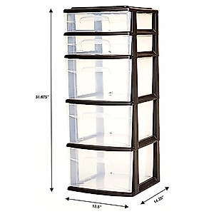 Homz Plastic 5 Clear Drawer Medium Home Organization Storage Container Tower with 3 Large Drawers and 2 Small Drawers, Black Frame