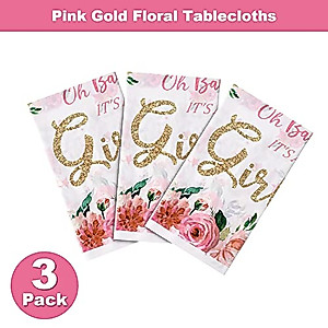 3 Pack oh Baby It's a Girl Plastic Tablecloths for Rectangle Tables, Disposable Party Table Cloths, Pink Floral and Gold Table Covers for Girl Baby Shower Gender Reveal Decorations, 54" x 108"