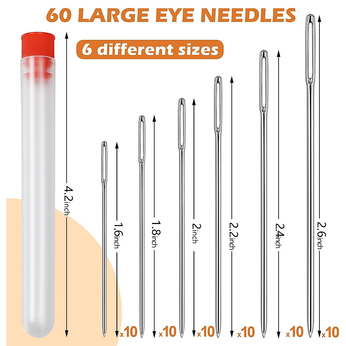 FIVEIZERO 60 PCS Large Eye Sewing Needles, 6 Sizes Hand Sewing Needles, Leather Needle Embroidery Thread Needle, Stainless Hand Quilting Needles with Threaders for Hand Sewing Art Crafts