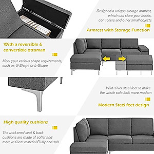 Esright Left Facing Sectional Sofa with Ottoman,Convertible Corner Couches with Armrest Storage, Sectional Couch for Living Room & Apartment, Left Chaise & Grey