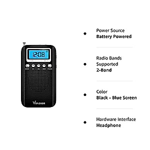Digital AM FM Portable Pocket Radio with Alarm Clock- Best Reception and Longest Lasting. AM FM Compact Radio Player Operated by 2 AAA Battery, Stereo Headphone Socket (Black), by Vondior