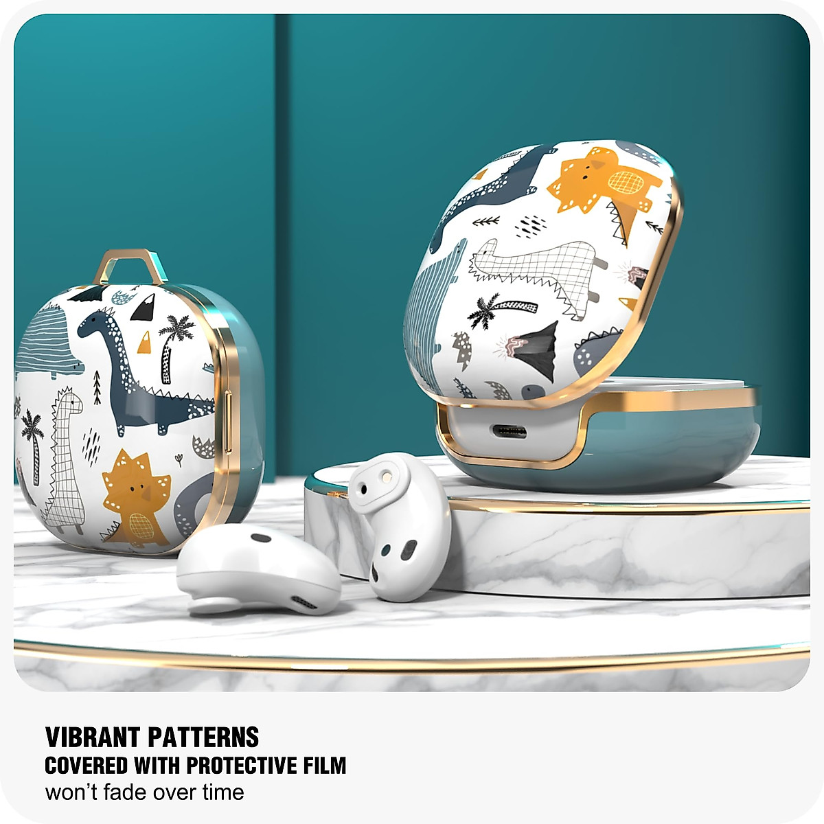 wenew case for Galaxy Buds FE/Galaxy Buds 2 Pro/Galaxy Buds Pro/Galaxy Buds 2/ Galaxy Buds Live, Cute Patterned Hard Shell with Clip for Women Men (Cute Dino)