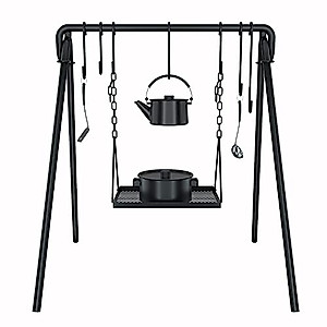 38" Grill Swing Large Campfire Grill Stand w/6 Hooks Cast Iron BBQ Grill Campfire Cooking Stand Cookware Hanging Rack Outdoor Picnic Camping Bonfire Party Barbecue Set for Cookware & Dutch Oven