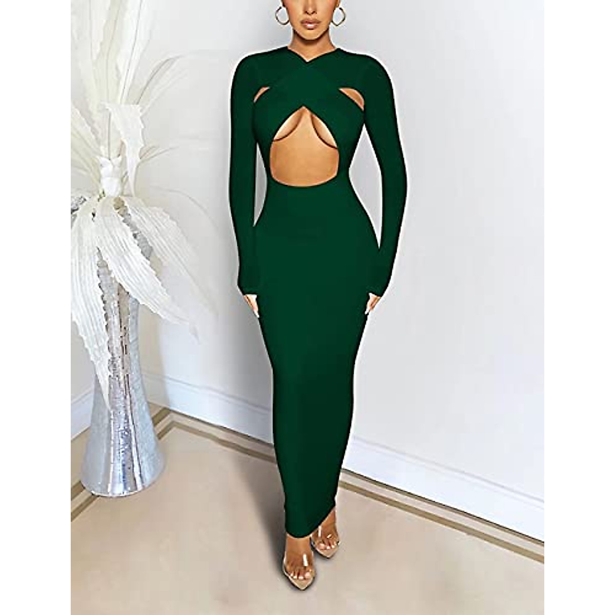 Women's Sexy Long Sleeve Cross Wrap Cut Out Bodycon Mixi Party Club Dress Dark Green